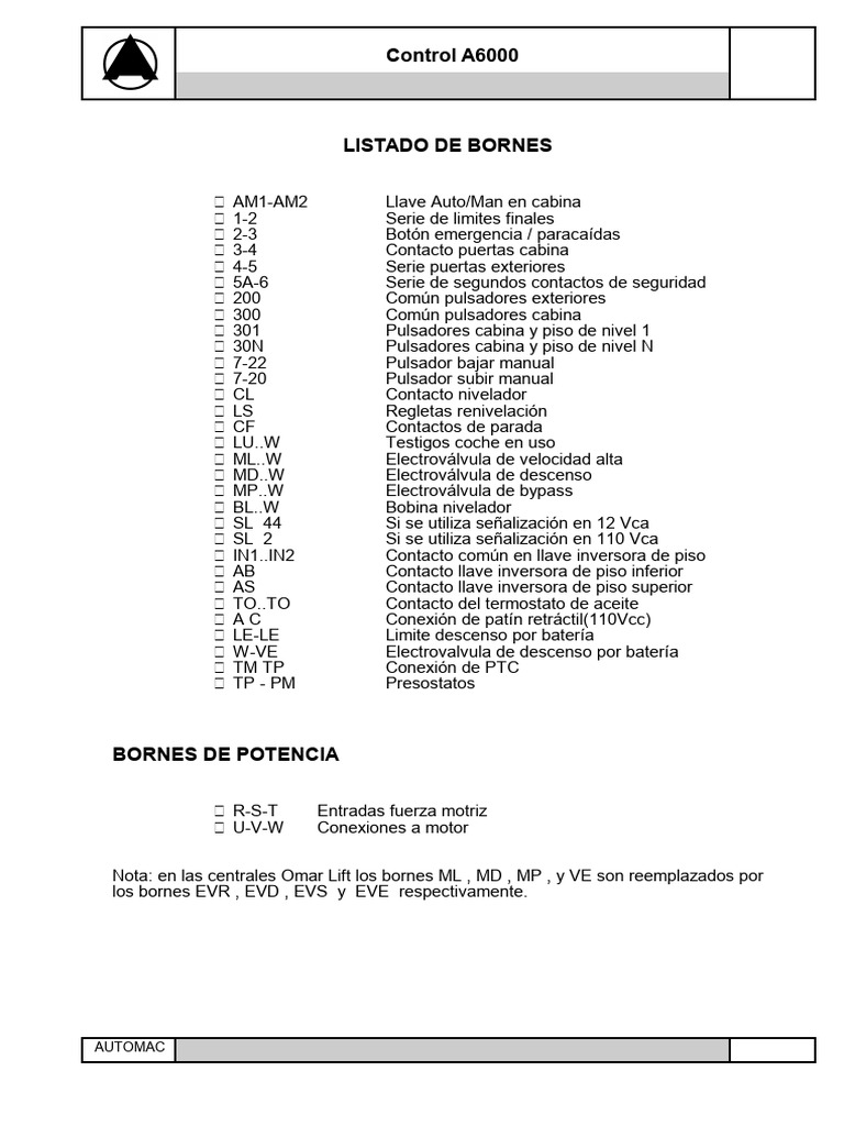 Automac A6000 Oleodinámico Electromecánico - Listado de Bornes | PDF