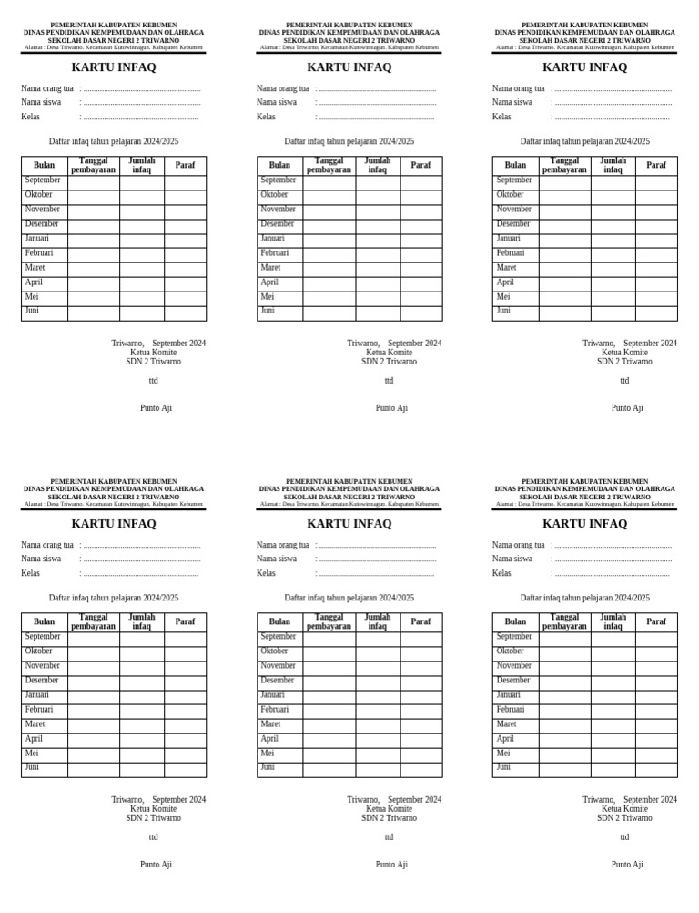 Kartu Infaq SDN 2 Triwarno 2024/2025 | PDF
