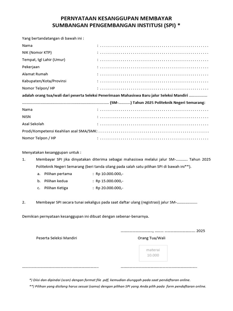 Form Pernyataan Spi 2025 | PDF