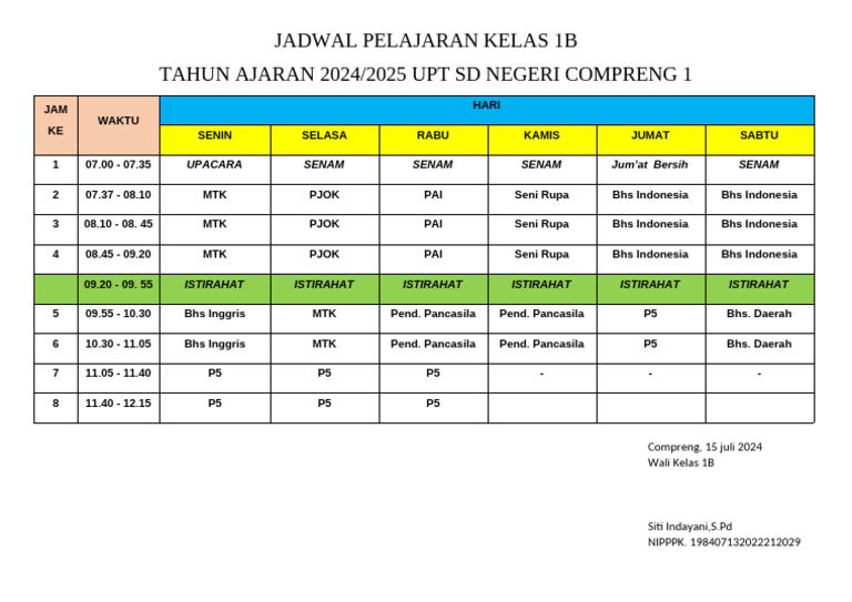 Jadwal Pelajaran Kelas 1b Ta 2024-2025 | PDF