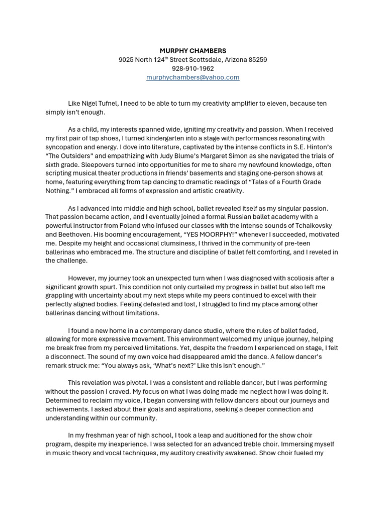 Murphy A Chambers CommonApp Essay Point Park | PDF | Performing Arts