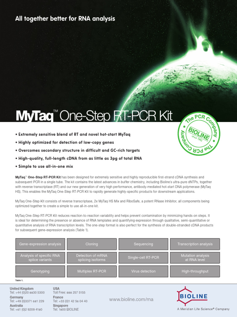 Mytaq One Step RT PCR Kit Fact Sheet | PDF | Reverse Transcription ...