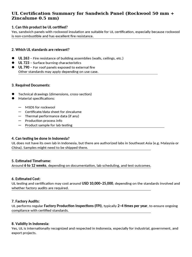 UL Certification Summary For Sandwich Panel | PDF