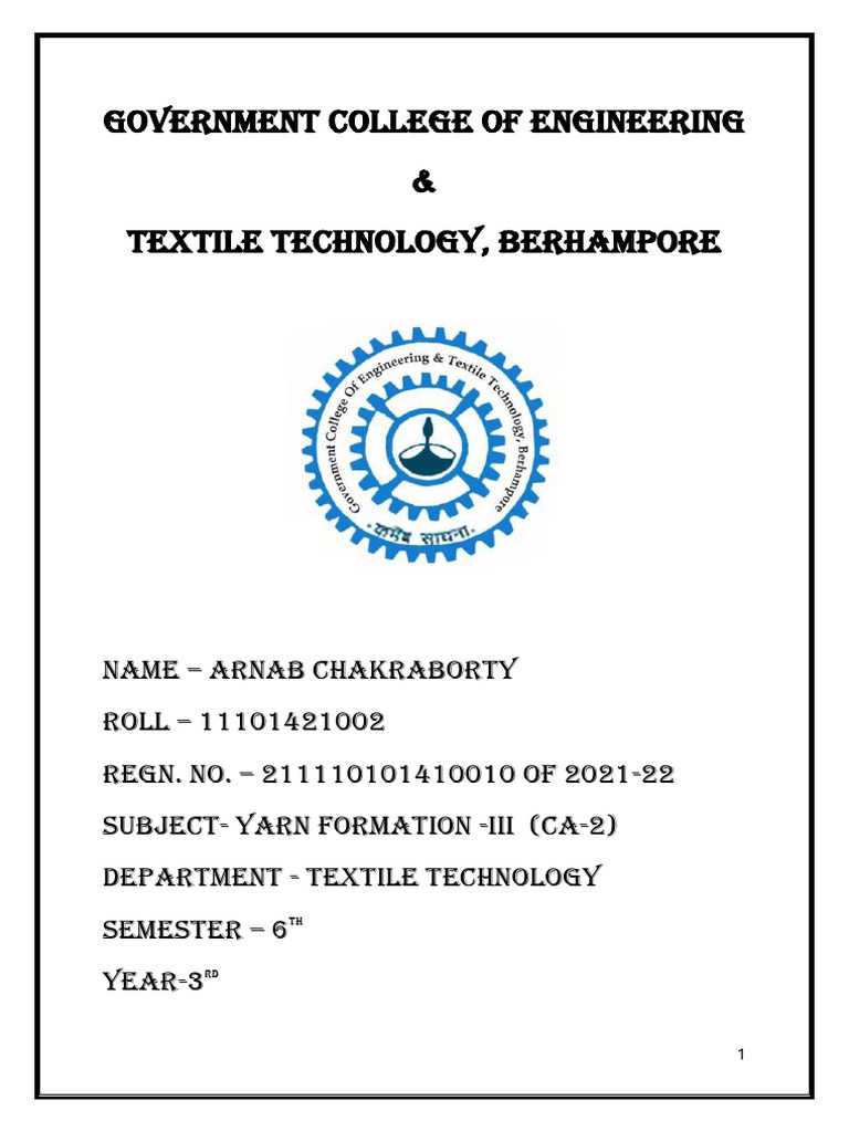 Arnab Chakraborty Yf3 Ca2 6th Sem | PDF | Yarn | Textiles