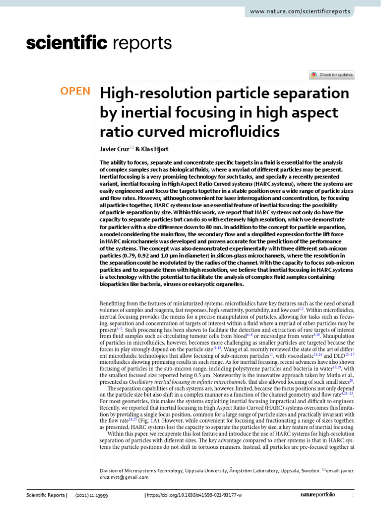 High Resolution Particle Separation | PDF | Lift (Force) | Microfluidics