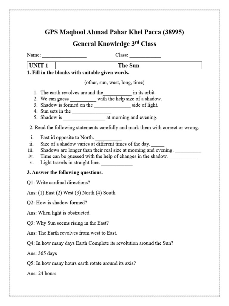 Class 3 General Knowledge Worksheet | PDF | Natural Environment ...