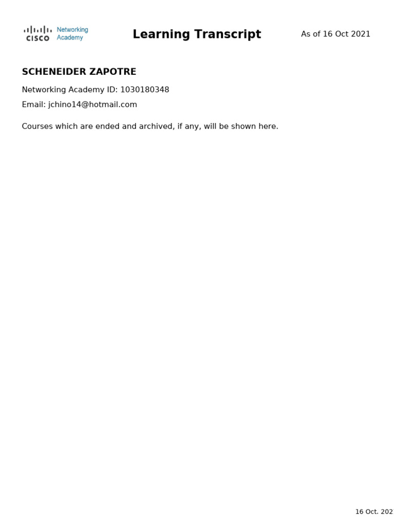 Networking Academy Learning Transcript | PDF