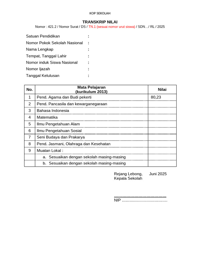 Format Transkrip Nilai K 13 Dan Kurmer | PDF