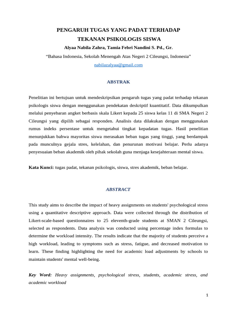 Pengaruh Tugas Yang Padat Terhadap Tekanan Psikologis Siswa | PDF