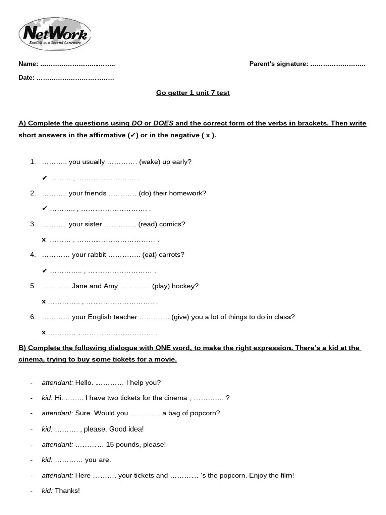 Go Getter 1 Unit 7 Test | PDF | Linguistics | Grammar