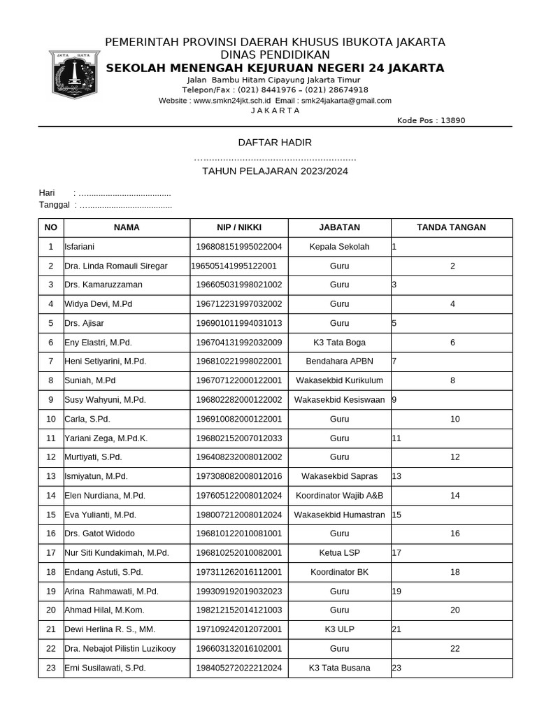 Daftar Hadir GTK Agustus 2024 | PDF