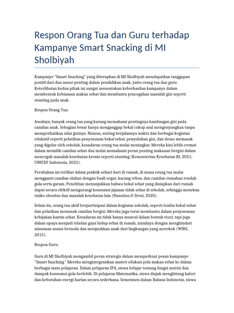 Respon Orang Tua Dan Guru Smart Snacking MI Sholbiyah | PDF