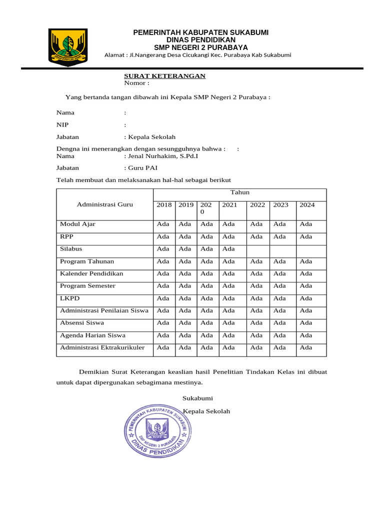 Surat Keterangan Pengelolaan Administrasi Pembelajaran | PDF
