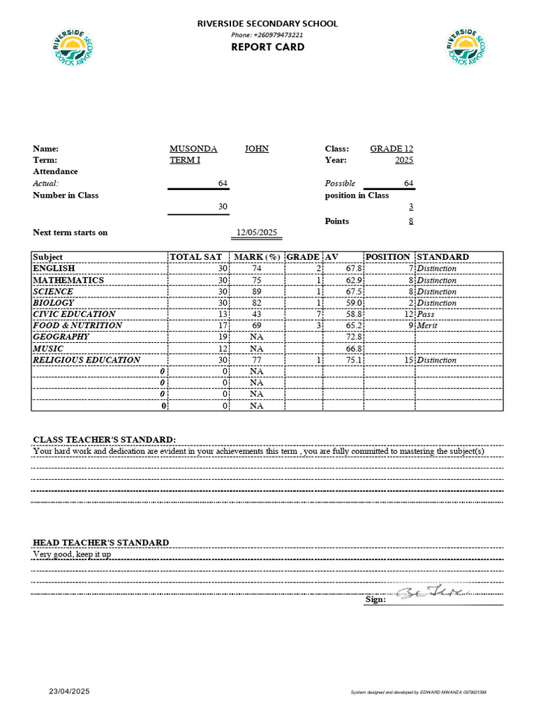 Musonda John G12 Term1 Results | PDF | Educational Assessment And ...