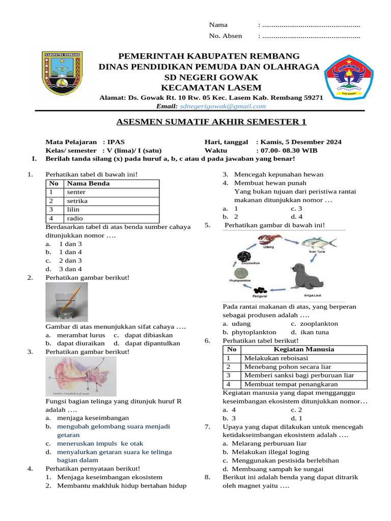 Soal Sas 1 Ipas Kls 5 2024 | PDF