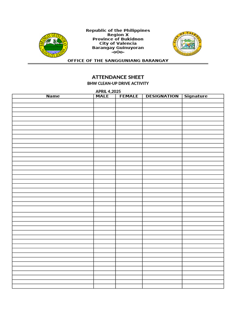 BHW Clean-Up Drive Attendance Sheet | PDF