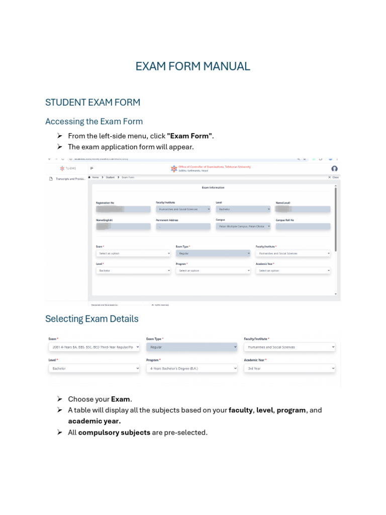 Student Exam Form Manual | PDF