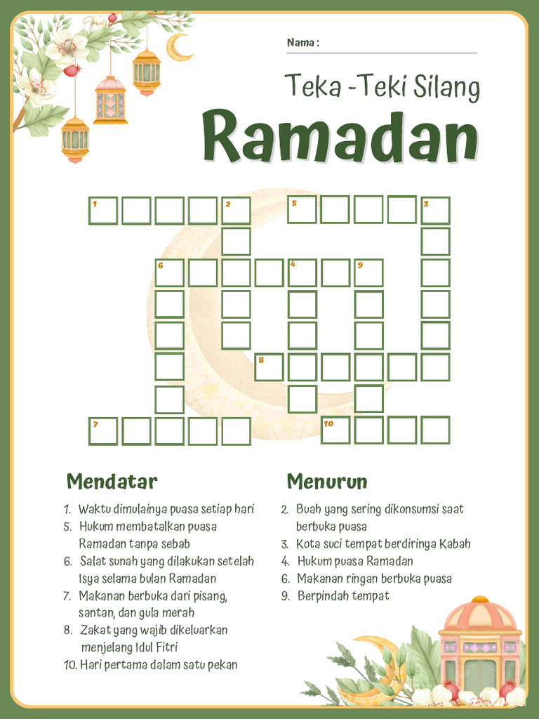 Teka - Teki Silang Ramadan Lembar Kerja TTS Hijau Putih | PDF