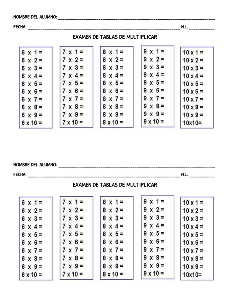 Examen de Tablas 6, 7, 8, 9 y 10 | PDF
