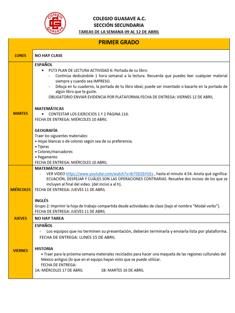 Tareas de La Semana Primer Grado 09 Al 12 de Abril | PDF