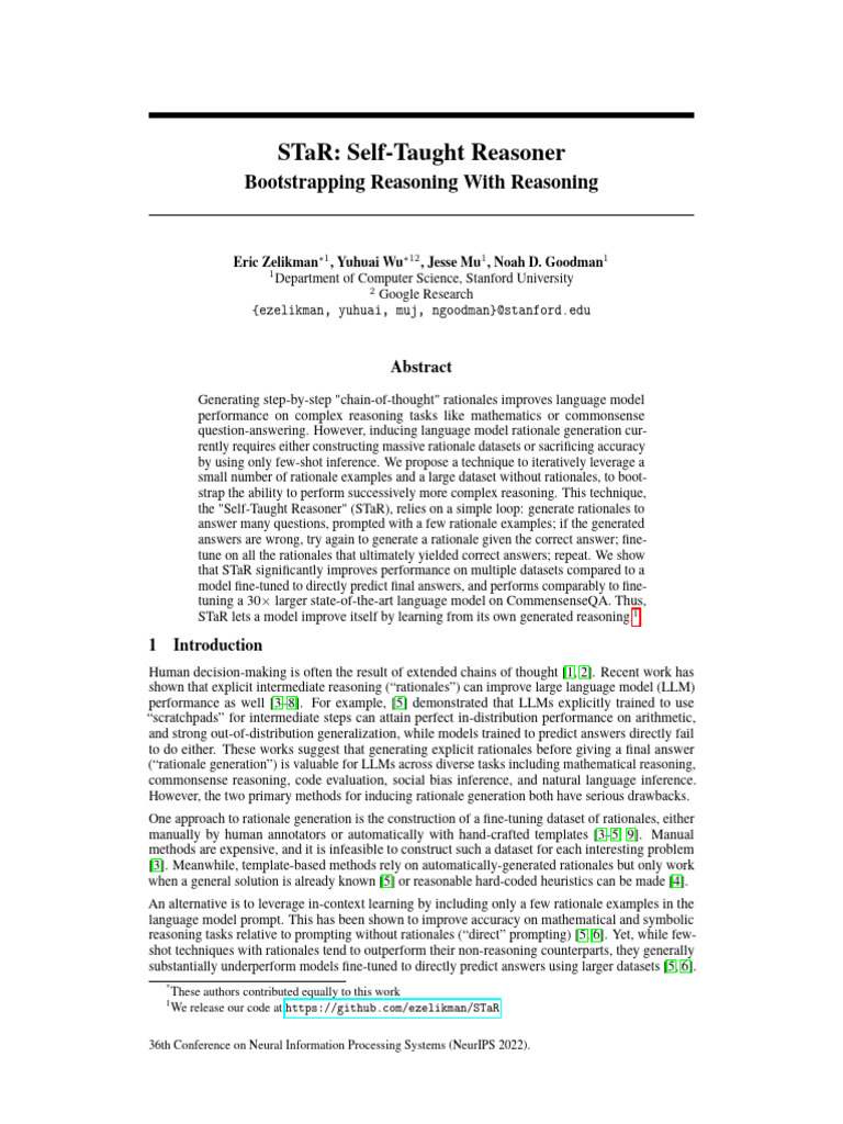 NeurIPS 2022 Star Bootstrapping Reasoning With Reasoning Paper ...