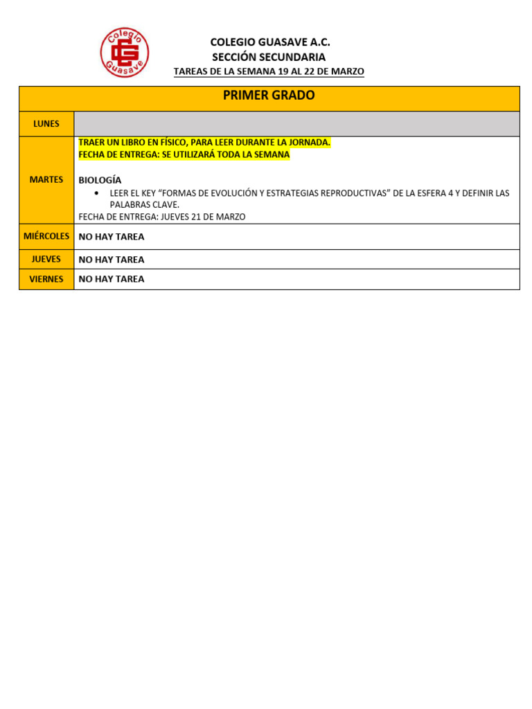 Tareas de La Semana Primer Grado 19 Al 22 de Marzo | PDF