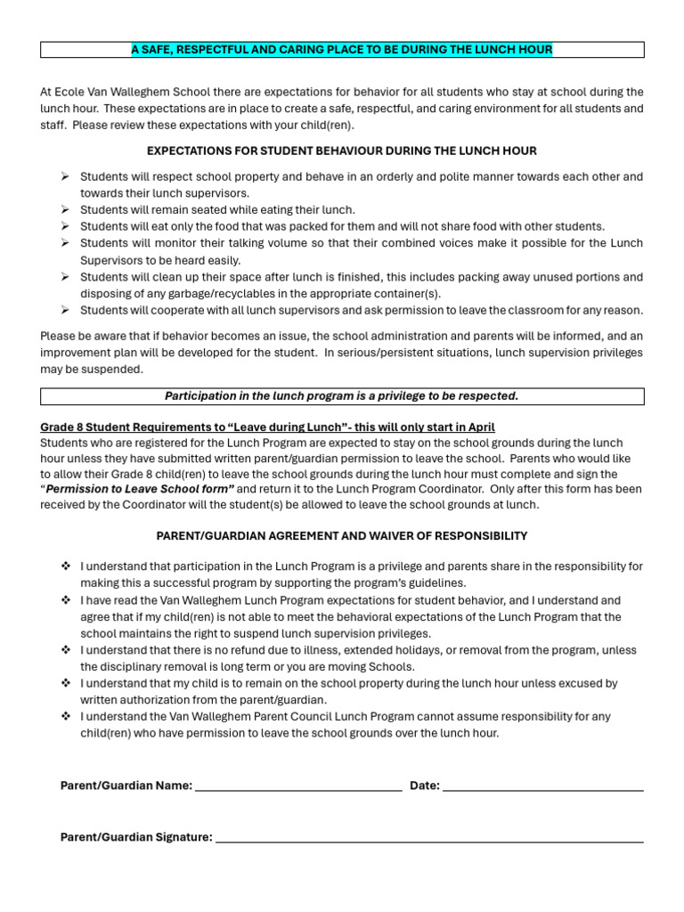 Expectations For Lunch Program | PDF | Childhood | Family