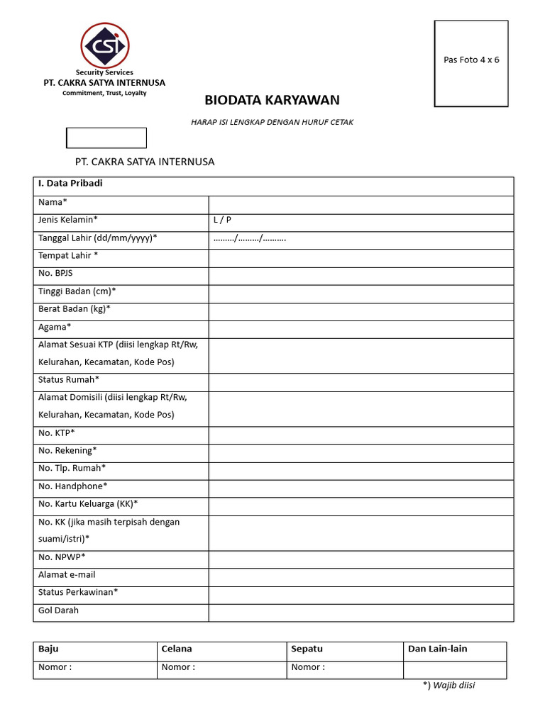 Form Biodata Karyawan Lengkap | PDF