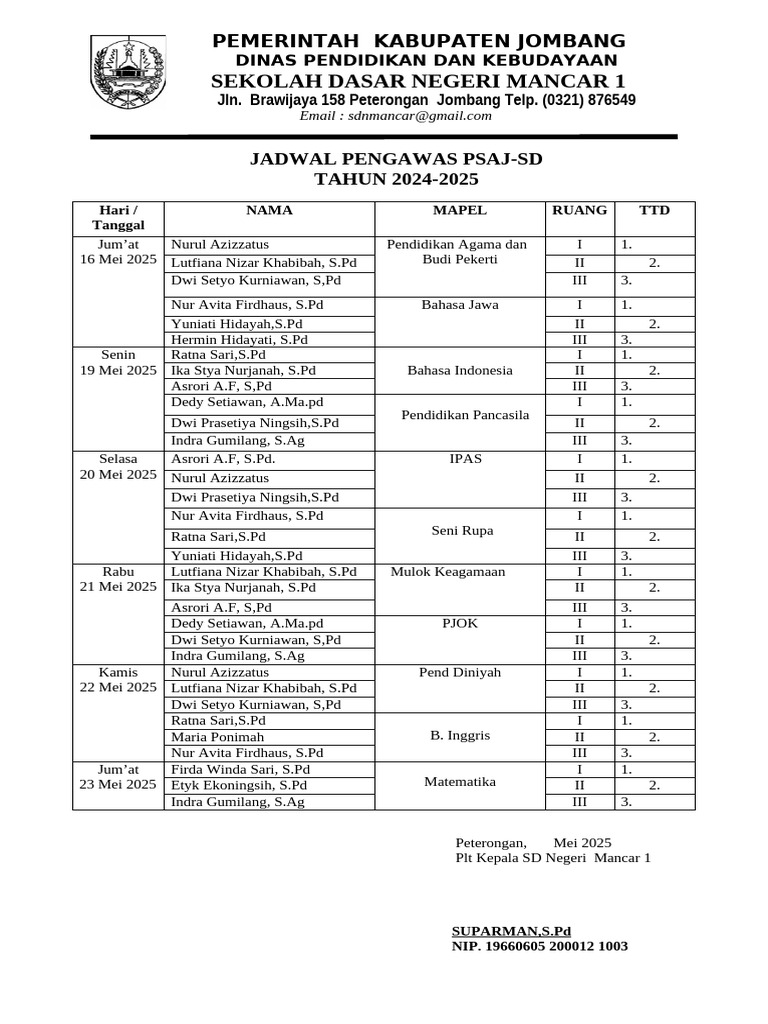 Daftar Hadir Pengawas Dan Jadwal | PDF