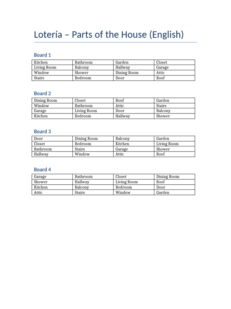 Loteria Parts of The House English | PDF