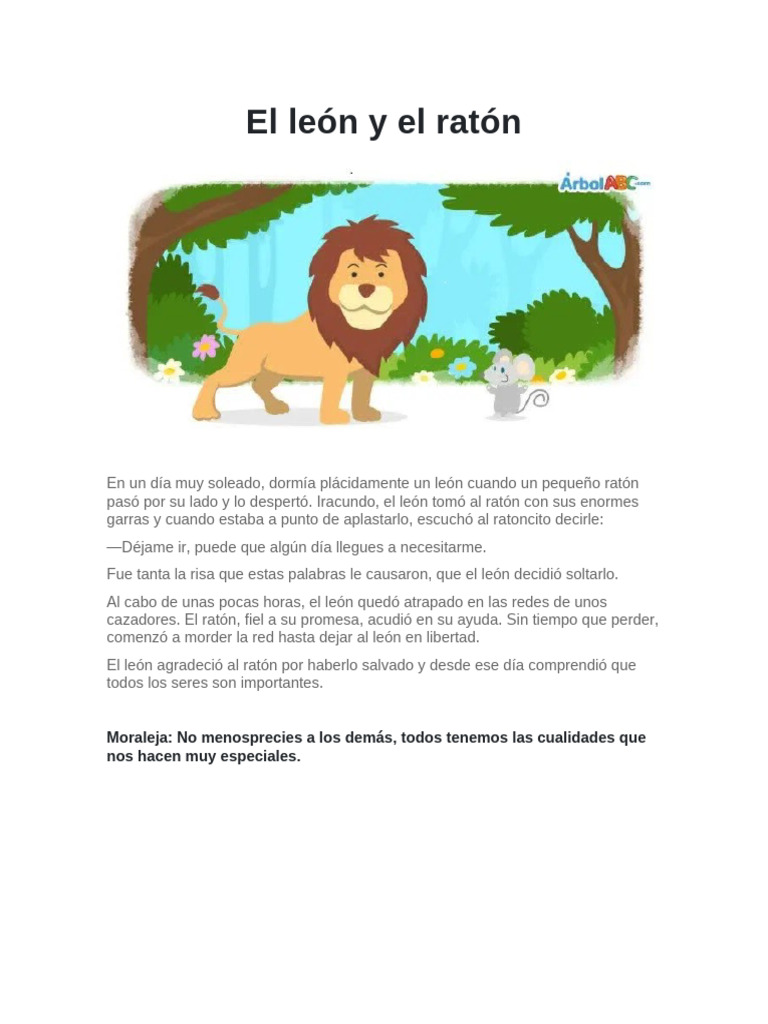 El león y el ratón: Moraleja y resumen | PDF