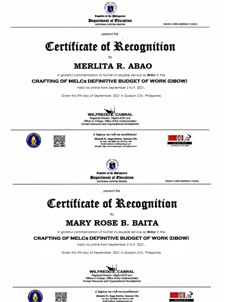 NCR Lamp Dbow Certificate | PDF