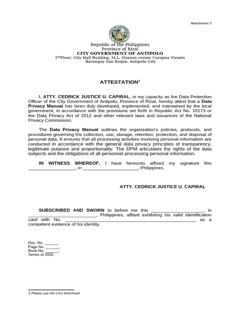 Antipolo Data Privacy Manual Attestation | PDF
