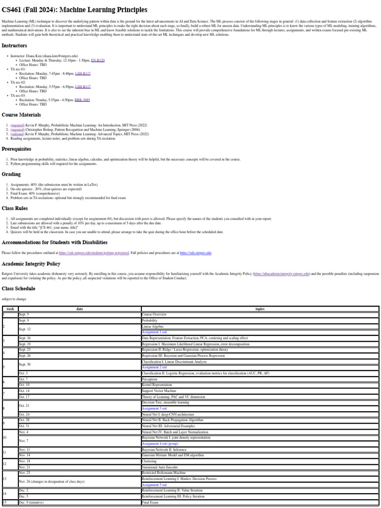 CS461 Syllabus 2024 Fall-1 | PDF | Machine Learning | Statistical Classification