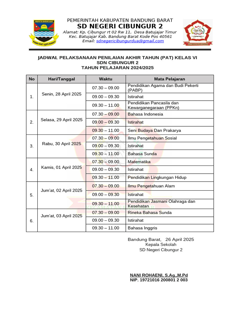 Jadwal Pelaksanaan Penilaian Akhir Tahun | PDF