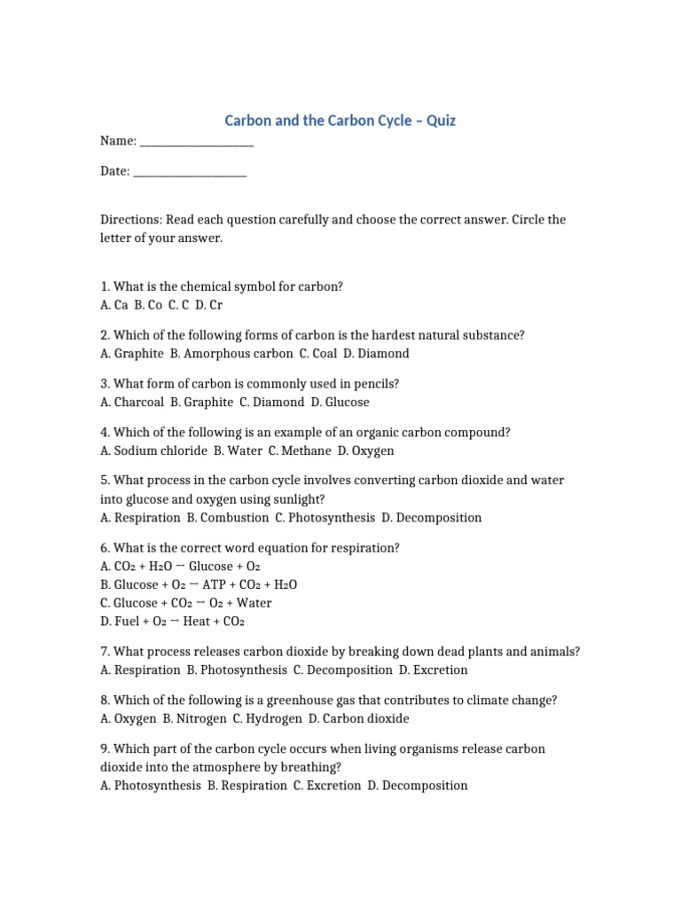 Carbon Cycle Quiz for Students | PDF