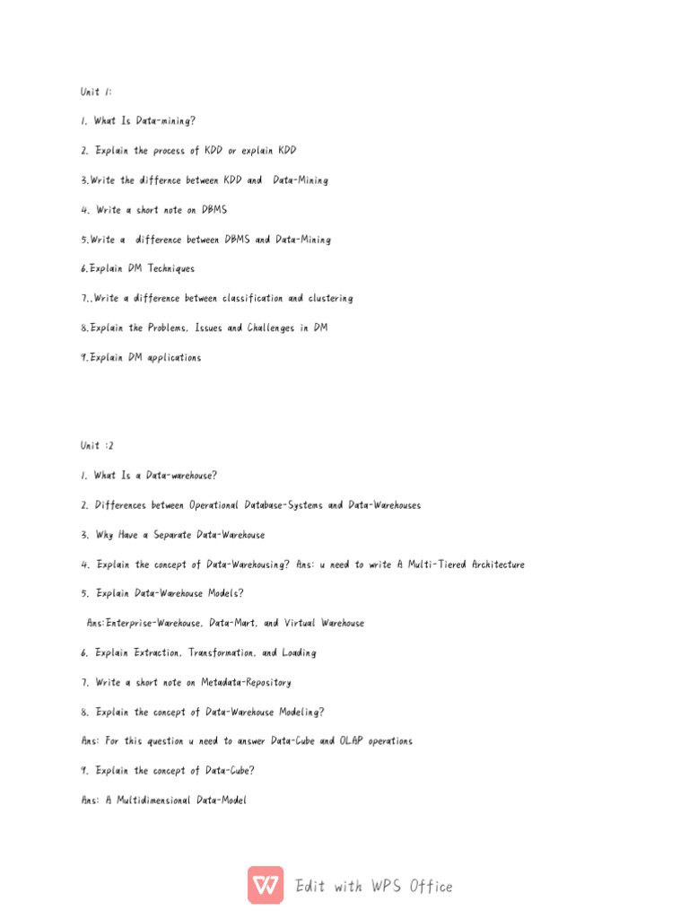 Data Science Question Bank | PDF | Cluster Analysis | Data Warehouse