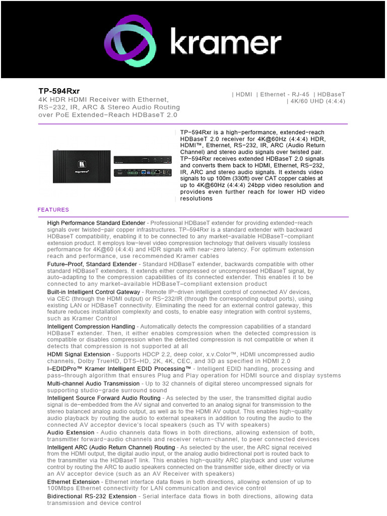 Kramer TP-594Rxr Datasheet | PDF | Hdmi | Usb