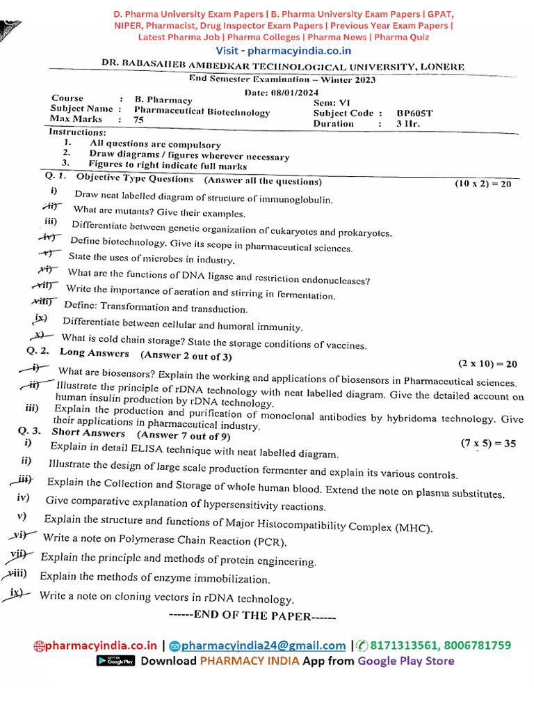 Biotech Dbatu 6 TH Sem B. Pharma Winter 2023 | PDF