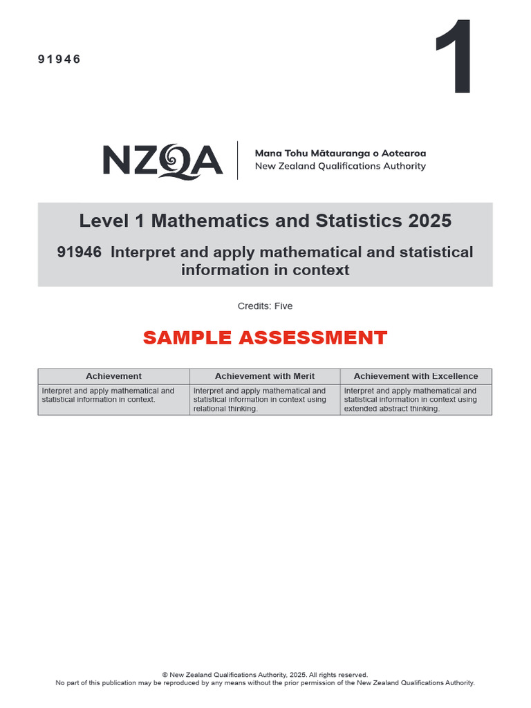 Level 1 Mathematics 91946 Sample Assessment | PDF | Mathematics ...