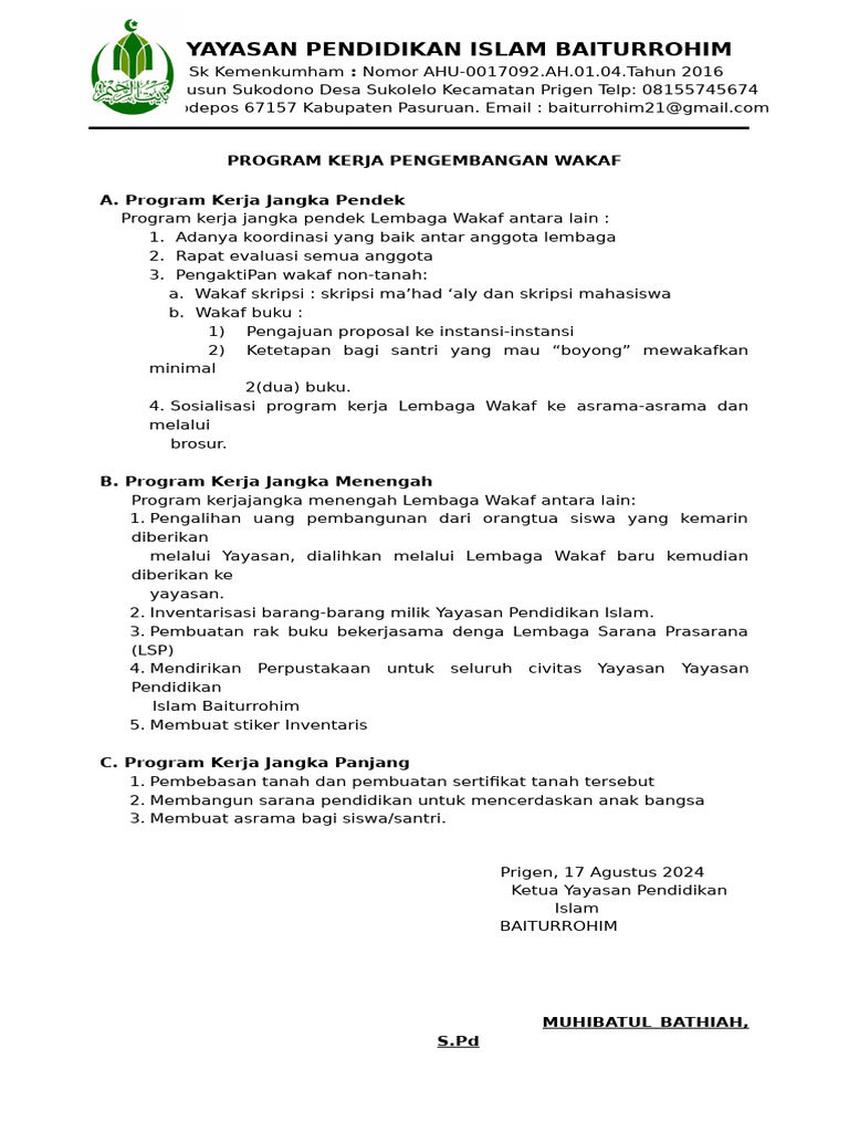 Program Kerja Yayasan Pengembangan Wakaf | PDF