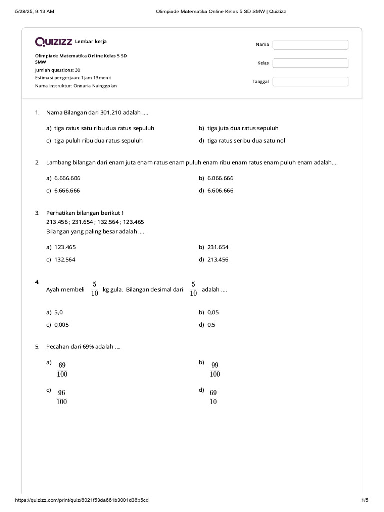 Olimpiade Matematika Online Kelas 5 SD SMW - Quizizz | PDF