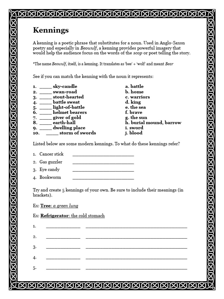 Kennings & Runes - Beowulf Worksheet | PDF | Beowulf | Scandinavian ...