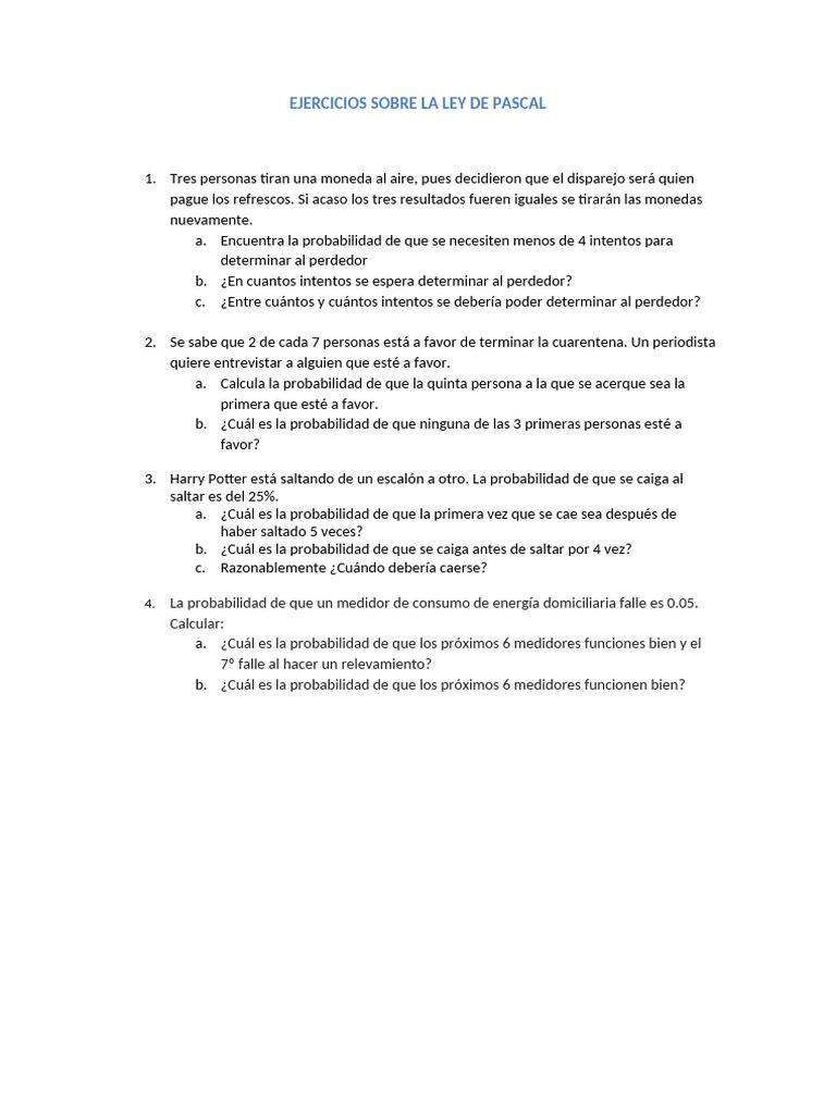 Ejercicios Sobre La Ley de Pascal | PDF