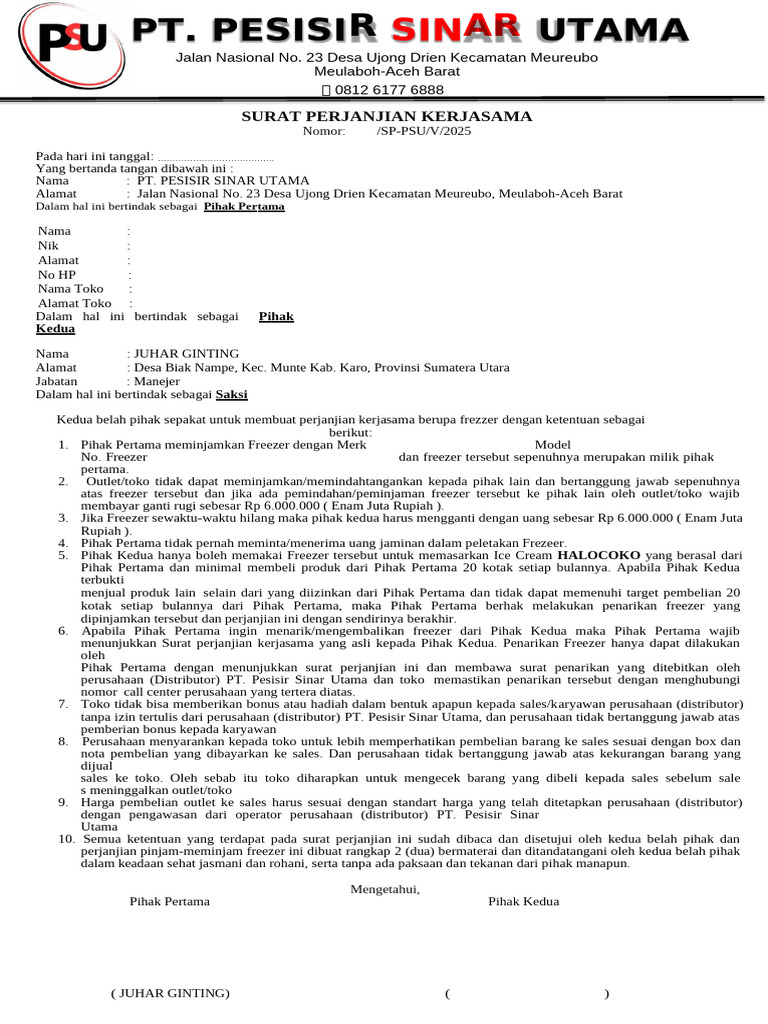 Surat Perjanjian Kerja Sama Halocoko | PDF