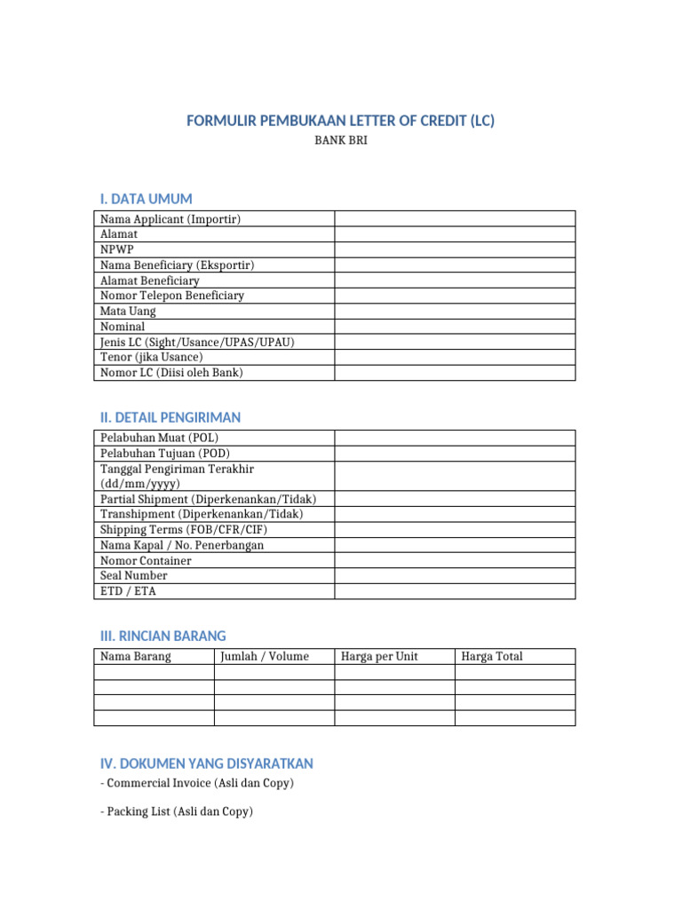 Formulir LC BRI | PDF