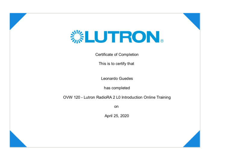 Lutron RadioRA 2 Training Certificate | PDF