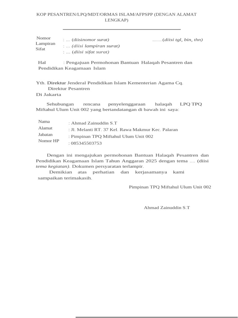 Surat Permohonan Bantuan TPQ | PDF