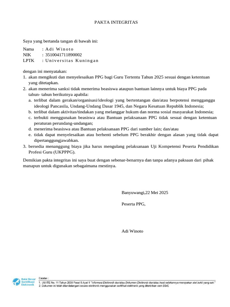Pakta Integritas PPG 2025 Adi Winoto | PDF
