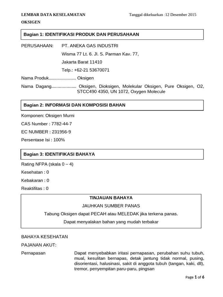 Data Keselamatan Oksigen PT Aneka Gas | PDF